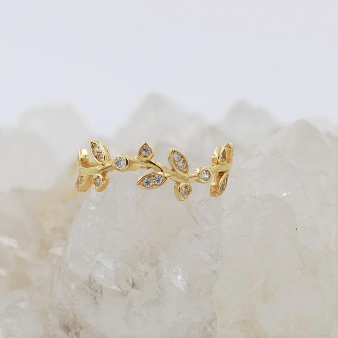 14K Solid Yellow Gold Olive Leaf Simulated Diamond Ring, Delicate ...