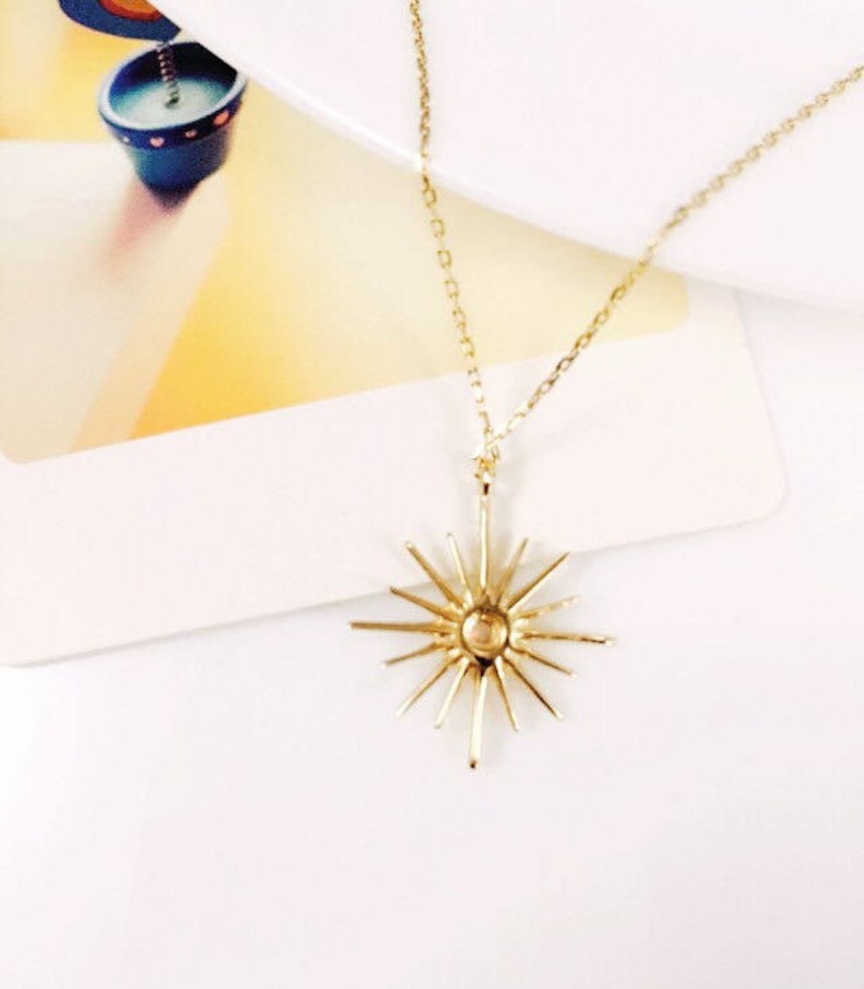 14K Solid Gold Sunburst Pendant With White Opal Starburst - Etsy