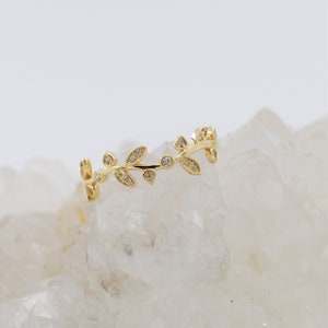 14K Solid Yellow Gold Olive Leaf Simulated Diamond Ring, Delicate ...