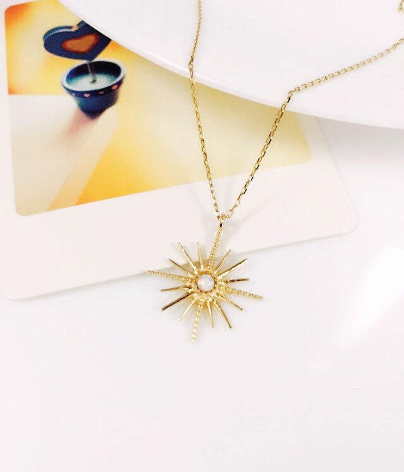 14K Solid Gold Sunburst Pendant With White Opal Starburst - Etsy