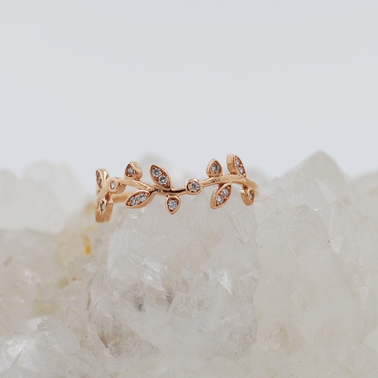 14K Solid Yellow Gold Olive Leaf Simulated Diamond Ring, Delicate ...