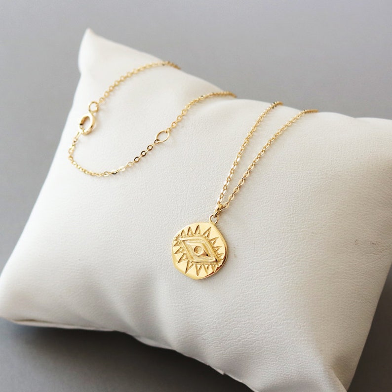 14K Solid Gold Carved Evil Eye Disc Necklace Protection - Etsy