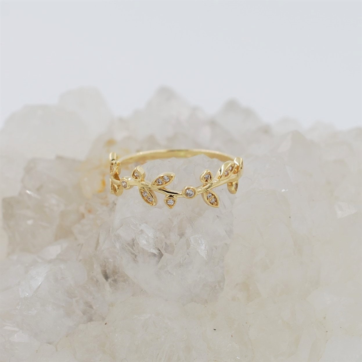 14K Solid Yellow Gold Olive Leaf Simulated Diamond Ring, Delicate ...