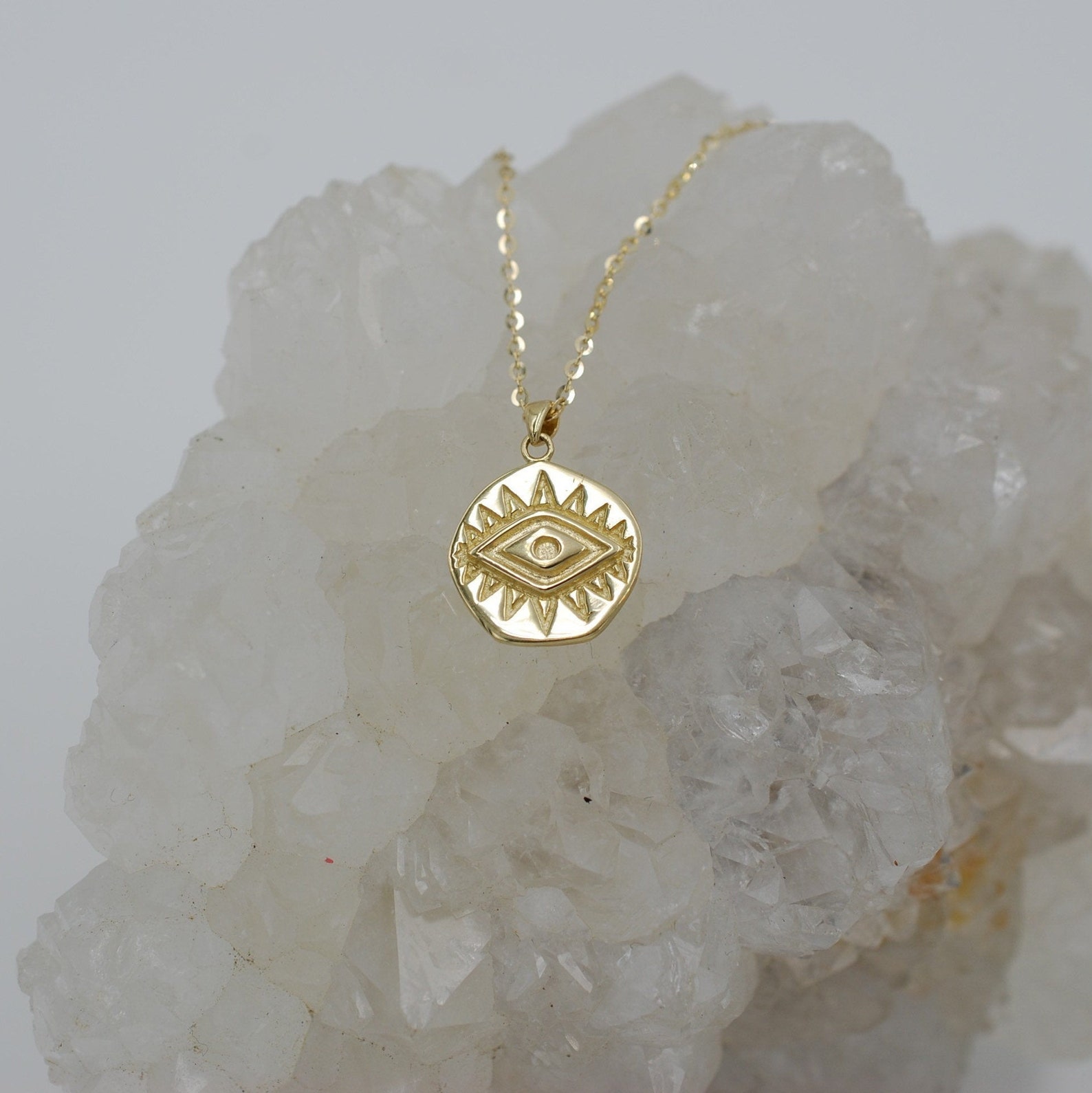 14K Solid Gold Carved Evil Eye Disc Necklace, Protection Necklace,gold ...