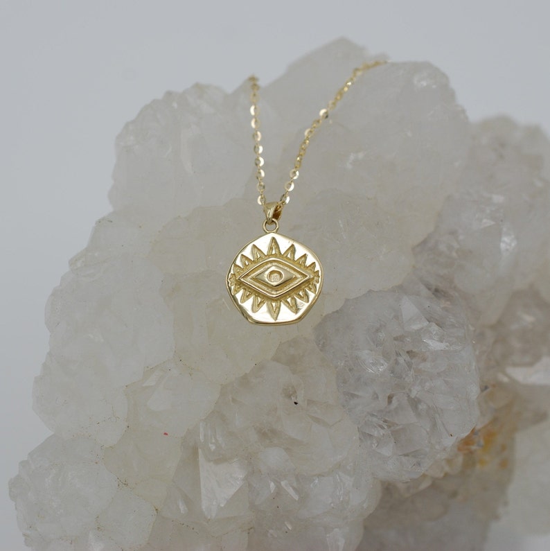 14K Solid Gold Carved Evil Eye Disc Necklace Protection | Etsy