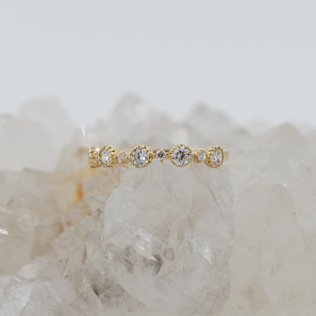 14k Solid Gold Contemporary Wedding Band With 3mm Simulated Diamond in ...