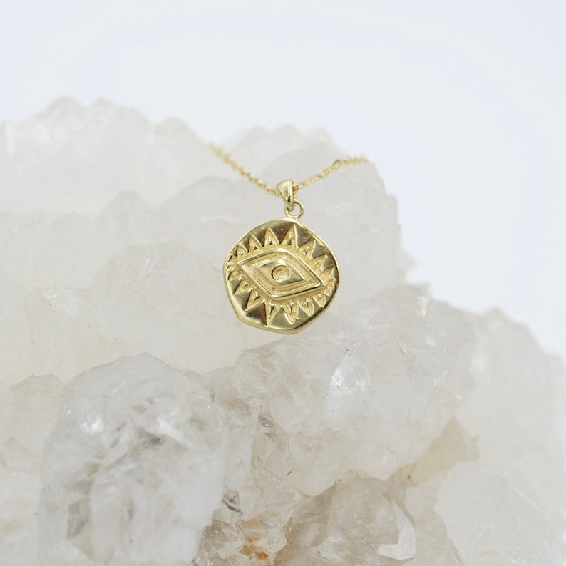 14K Solid Gold Carved Evil Eye Disc Necklace Protection - Etsy