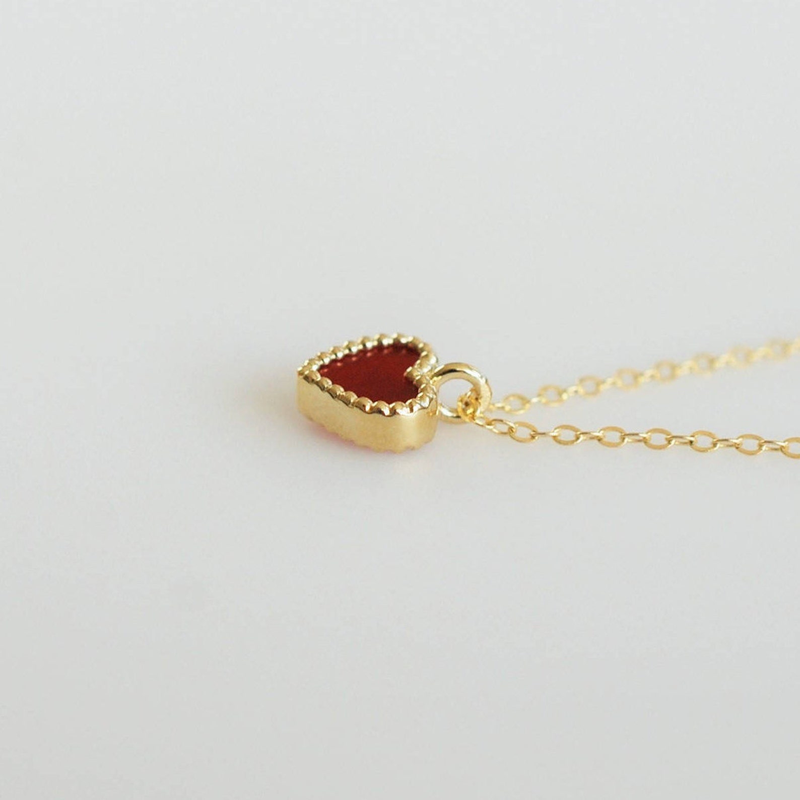 14K Solid Gold Red Agate Tiny Heart Pendant, Love Red Heart Necklace ...