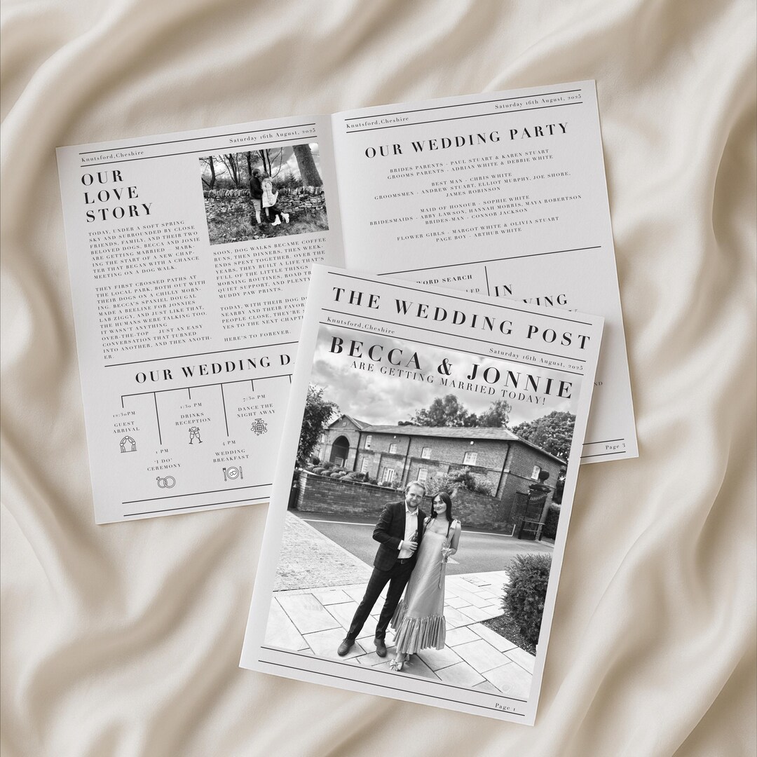 Personalised Wedding Newspaper - Wedding Favour, Order of the Day ...