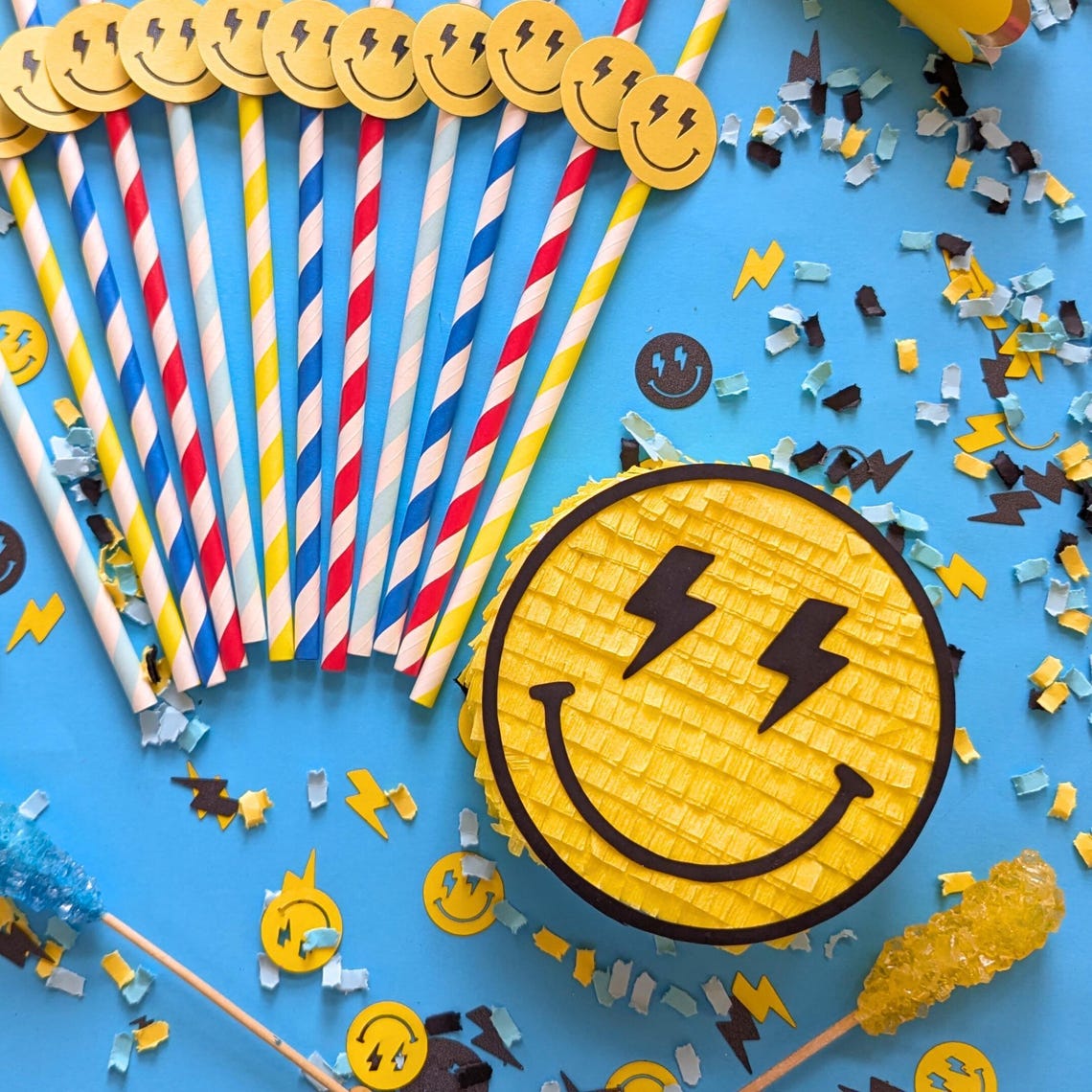Happy Face Mini Pinata: Y2K Party Favor, Lightning Bolt Eyes - Etsy