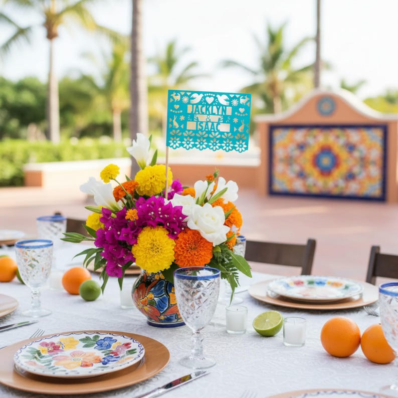 Otomi Papel Picado Centrepiece Flags | Personalized Mexican Party Decor ...