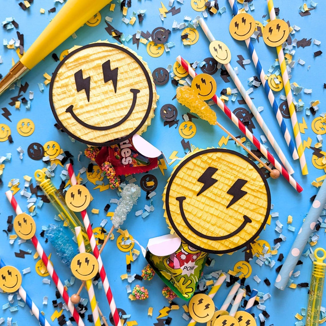 Happy Face Mini Pinata: Y2K Party Favor, Lightning Bolt Eyes - Etsy