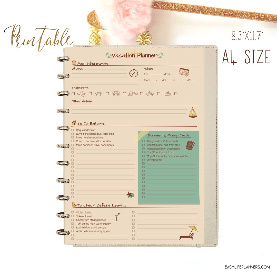 Vacation Planner, Trip Planner, Packing List A4 Binder Inserts. Instant ...