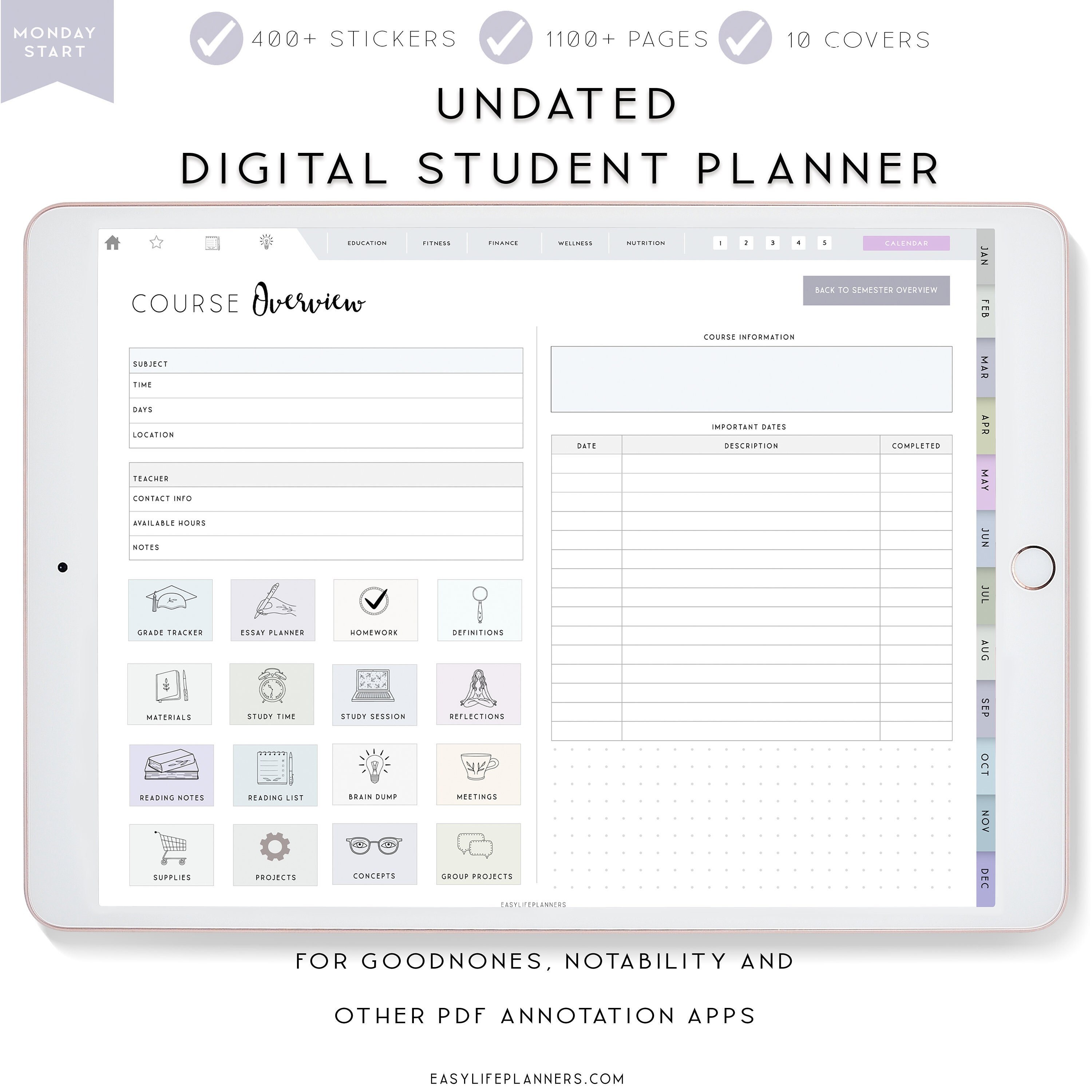 Student Digital Planner Ipad Notability Planner Goodnotes - Etsy