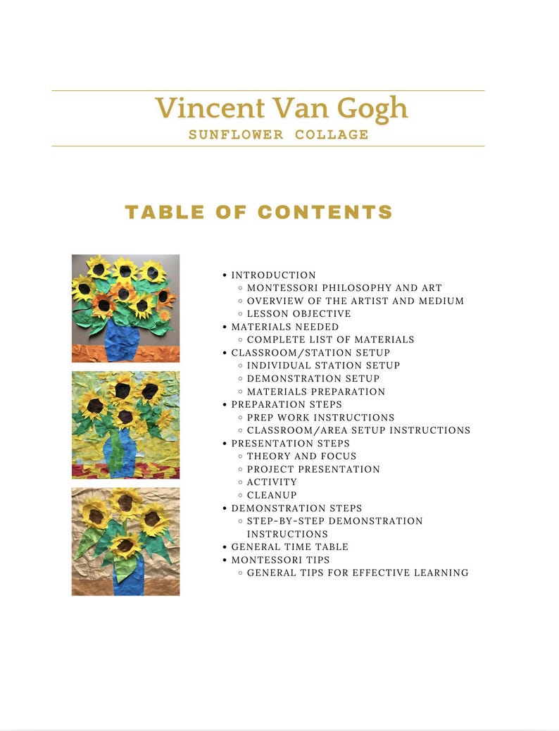 Montessori Art Lesson Van Gogh Sunflower COLLAGE - Etsy
