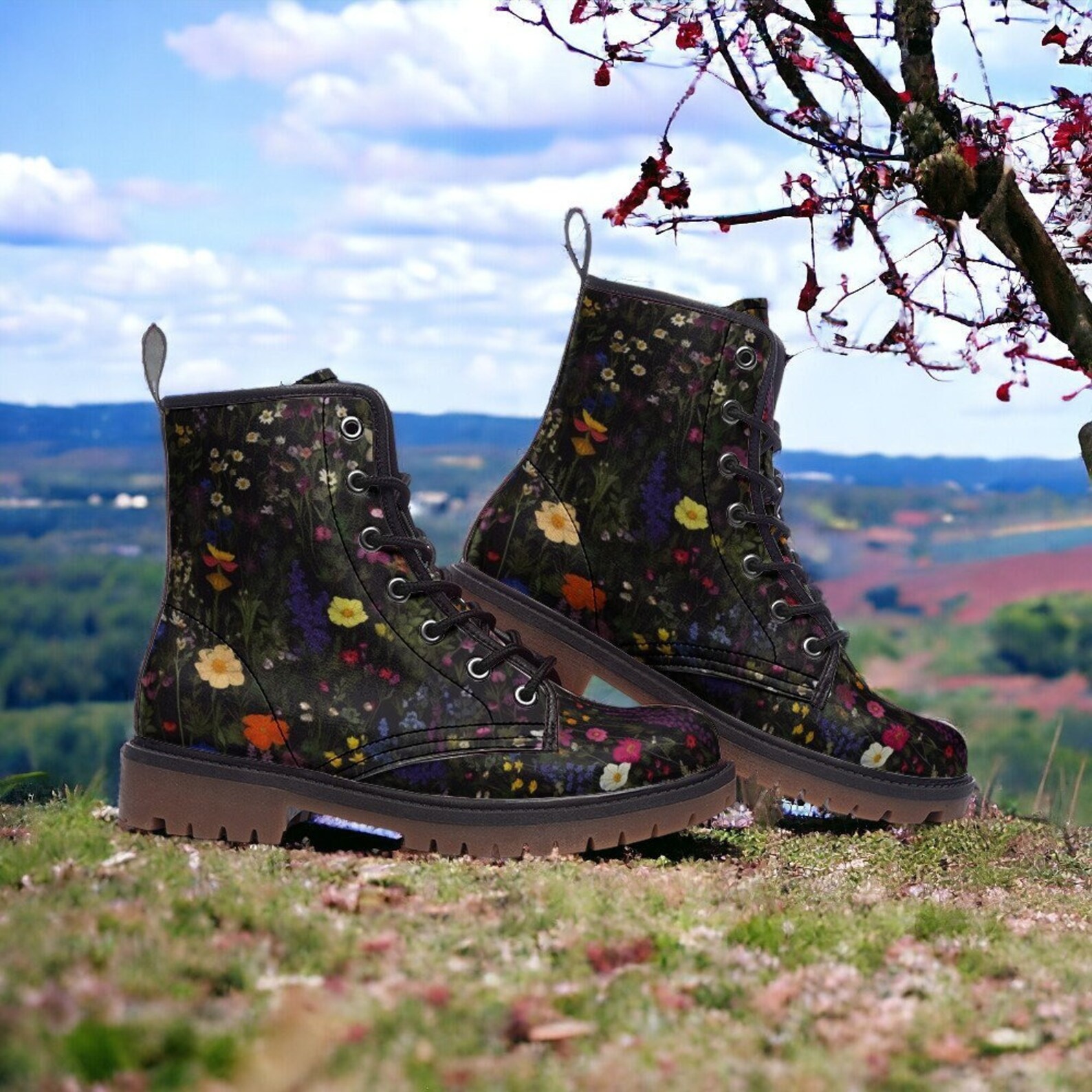 Combat Boots, Cottagecore Boots, Wildflowers, Vegan Leather, Classic ...