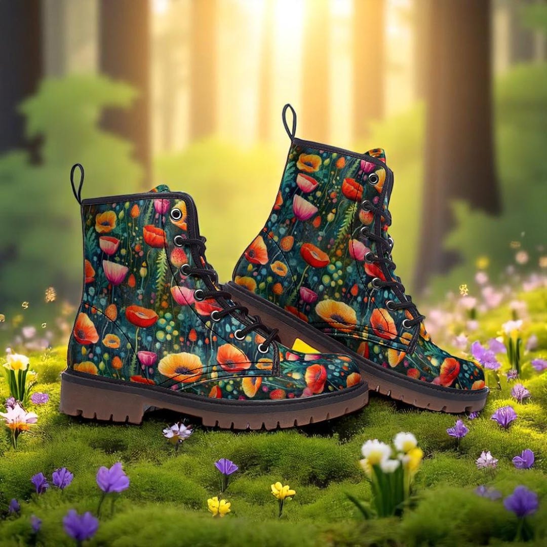 Cottagecore Floral Combat Boots, Vegan Leather Boots, Fairycore Hiking ...