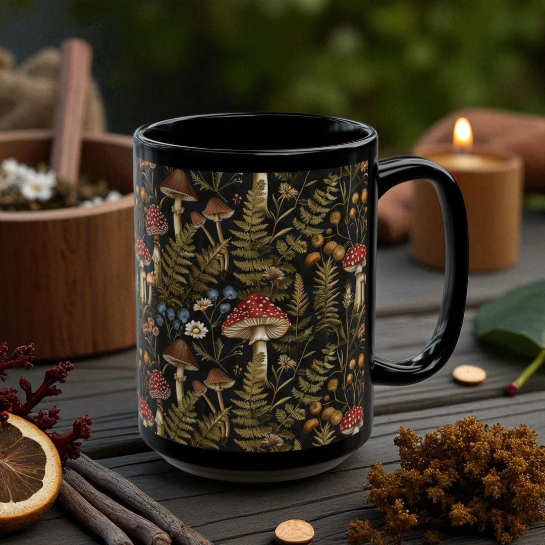 Mushroom Coffee Mug: Dark Cottagecore Fungi & Fern Ceramic Cup - Etsy