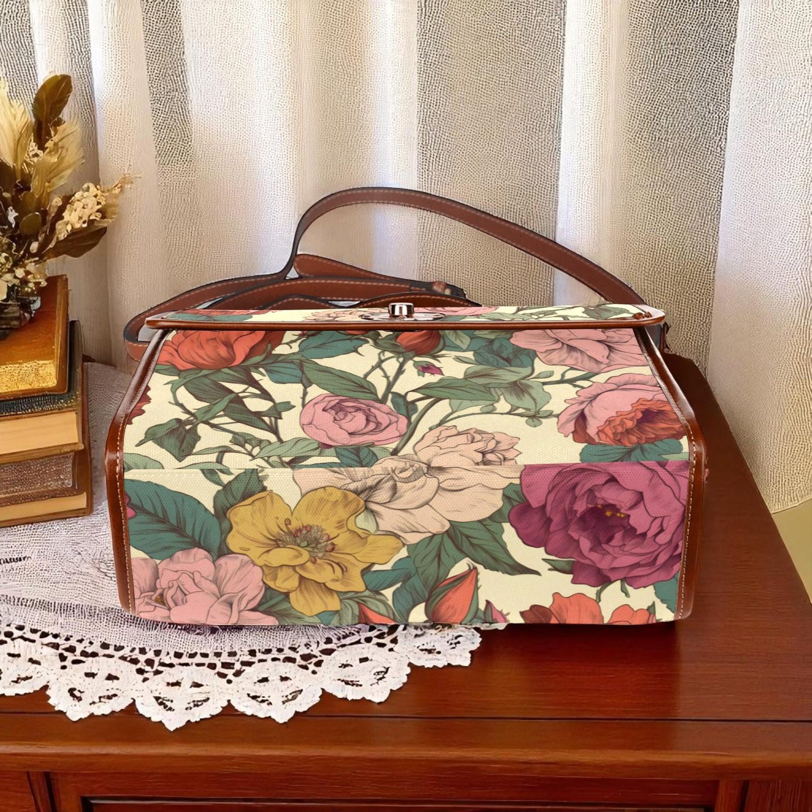 Retro Floral Satchel Bag, Cottagecore Purse, Vintage Rose Handbag ...