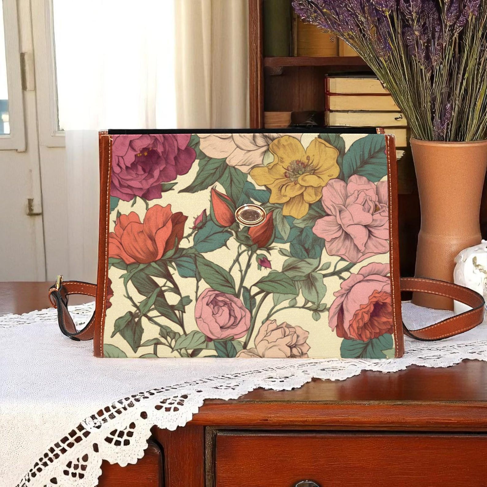 Retro Floral Satchel Bag, Cottagecore Purse, Vintage Rose Handbag ...