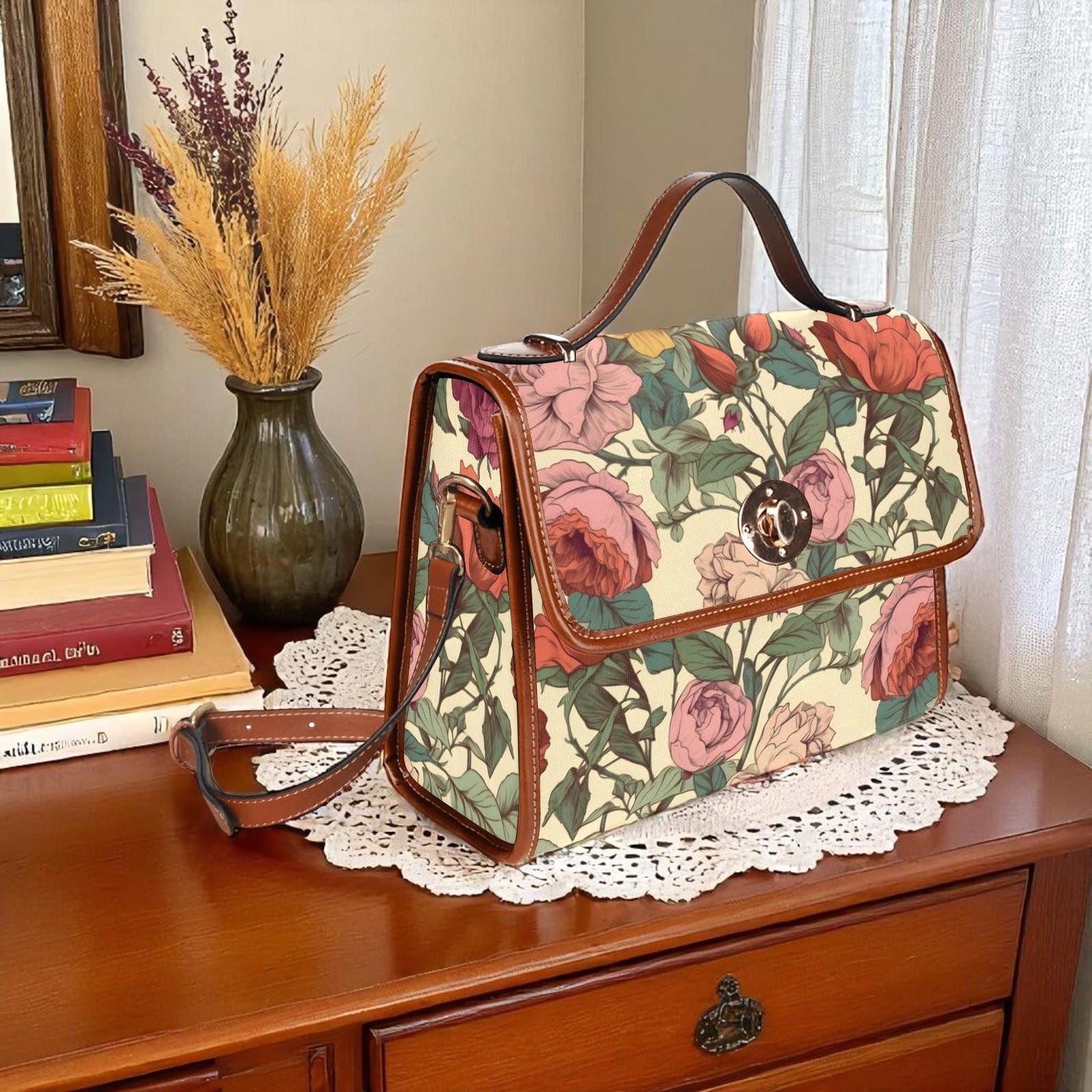 Retro Floral Satchel Bag, Cottagecore Purse, Vintage Rose Handbag ...