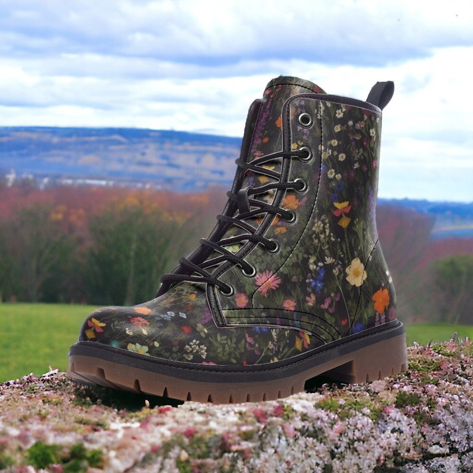 Combat Boots, Cottagecore Boots, Wildflowers, Vegan Leather, Classic ...