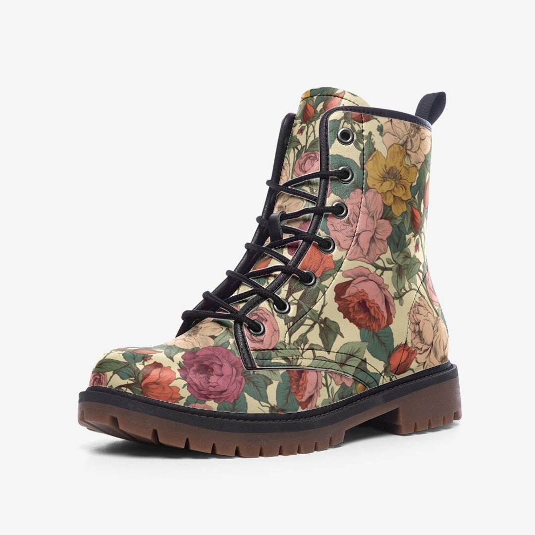 Combat Boots Retro Boho Floral Boots Dark Academia Shoes Mens Leather ...