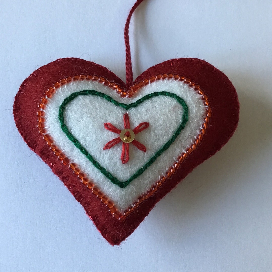 Red Embroidered Heart Felt Ornament - Etsy