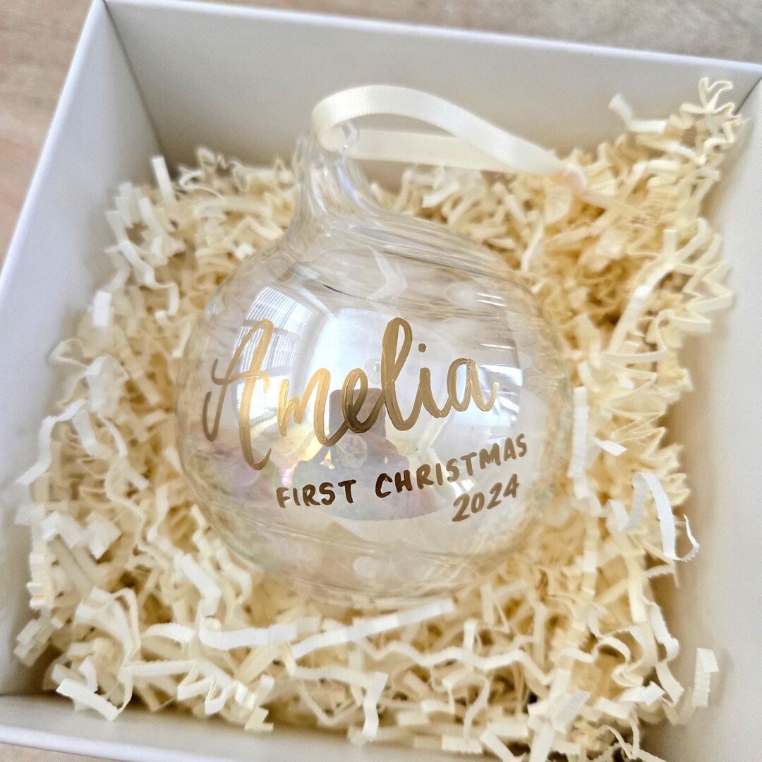 Iridescent Glass Baby's First Christmas Ornament, Gold & White Feather ...