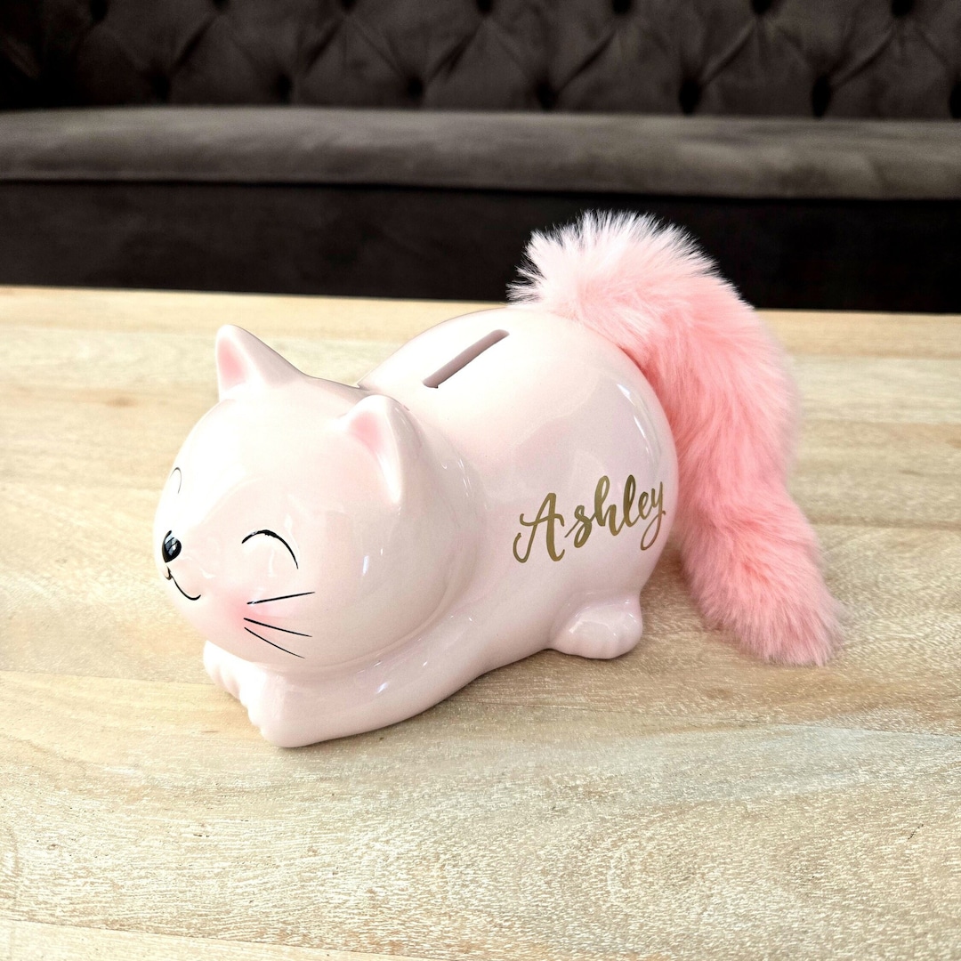 Personalized Pink Cat Piggy Bank: Ceramic Kitty Money Bank With Fur ...