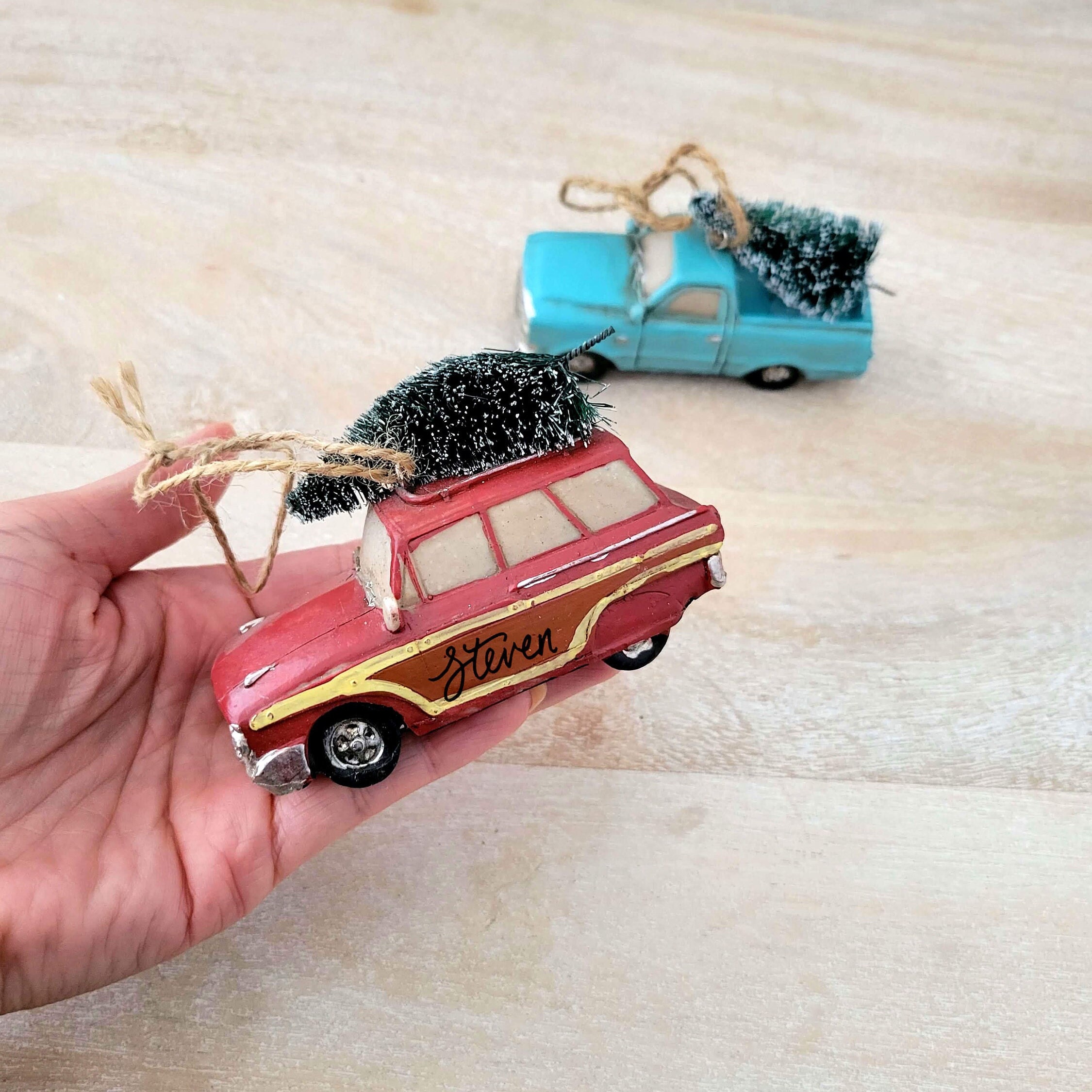 Personalized Car Christmas Ornament: Red Station Wagon or Blue Pickup ...