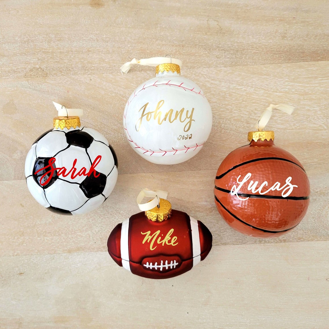 Personalized Sports Ball Christmas Ornament: Hand Lettered Glass Bauble ...