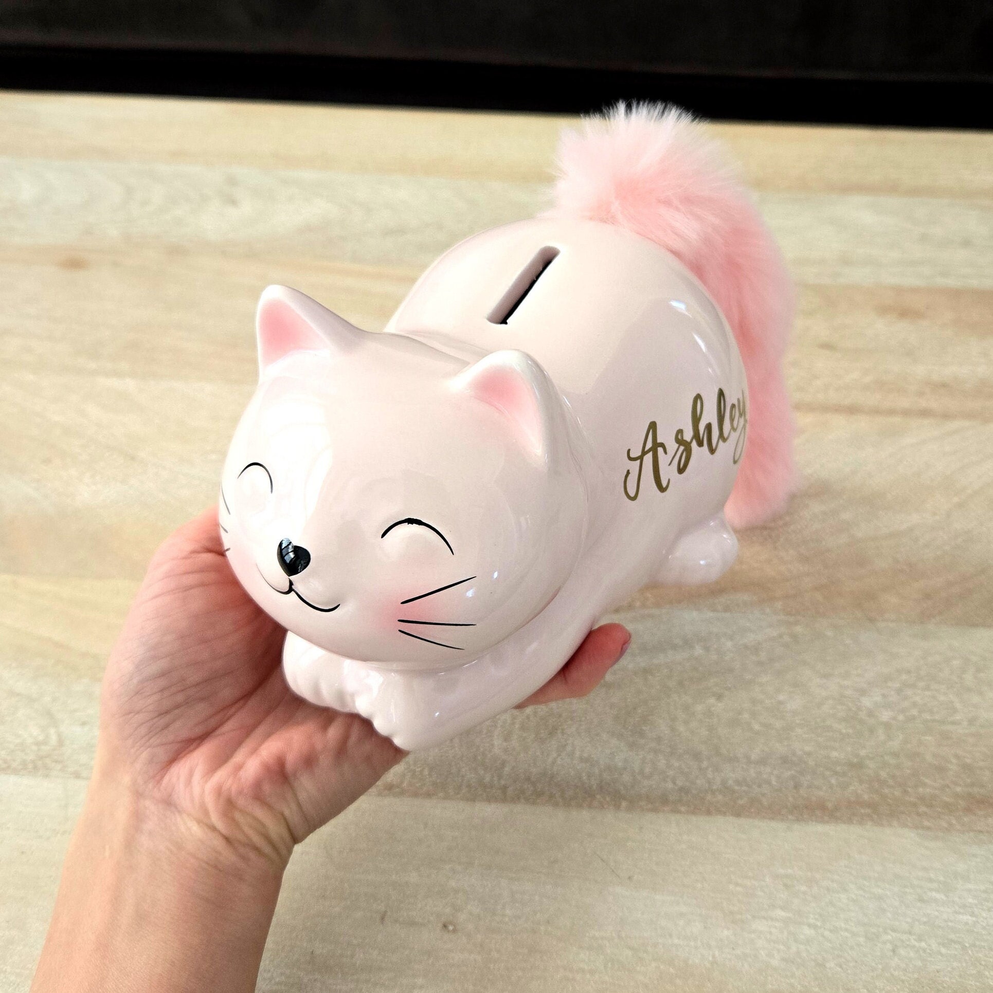 Personalized Pink Cat Piggy Bank: Ceramic Kitty Money Bank With Fur ...