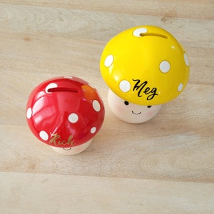 Personalized Mushroom Piggy Bank: Hand-lettered Ceramic Red or Yellow ...