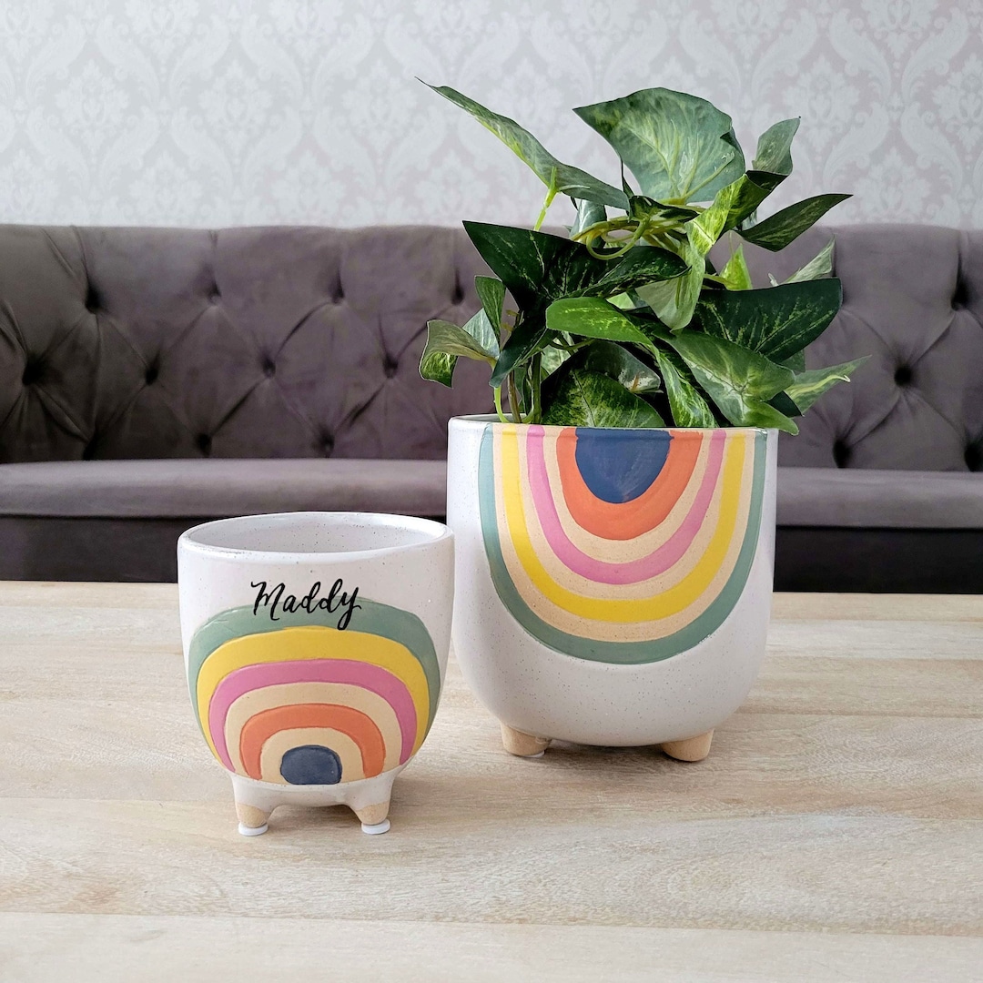 Personalized Stoneware Rainbow Planter With Legs - Boho Decor - Etsy