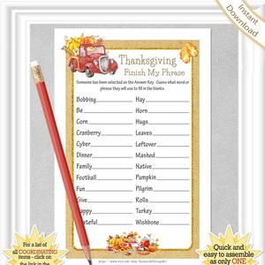 THANKSGIVING - Finish My Phrase Game (instant Download), Thanksgiving ...