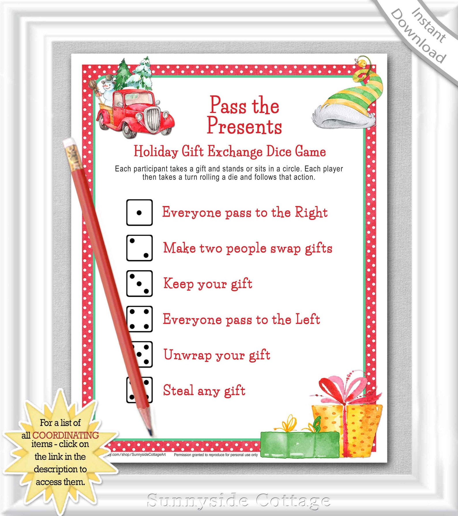 Pass the Presents, Christmas or Holiday Gift Exchange DICE Game, Red ...