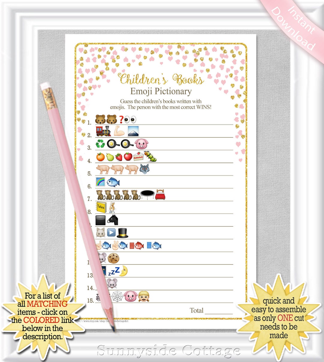 Children's Books EMOJI Pictionary Game, Gold and Blush Baby Shower Game ...