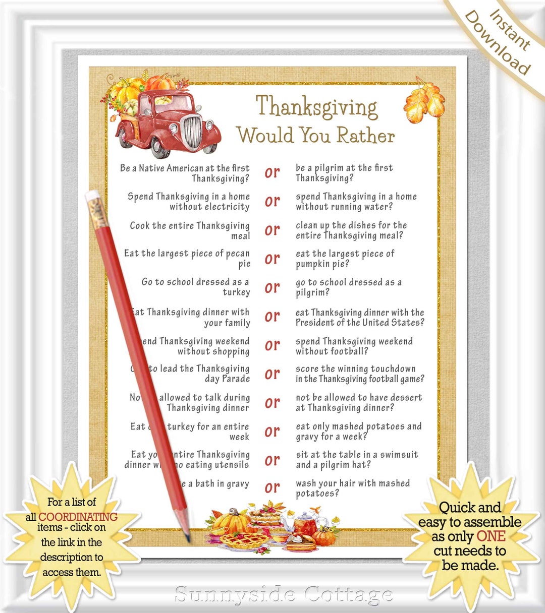 THANKSGIVING Would You Rather Game (instant Download) in Fall/autumn ...