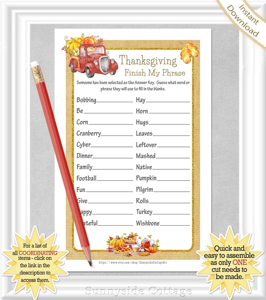 THANKSGIVING - Finish My Phrase Game (instant Download), Thanksgiving ...