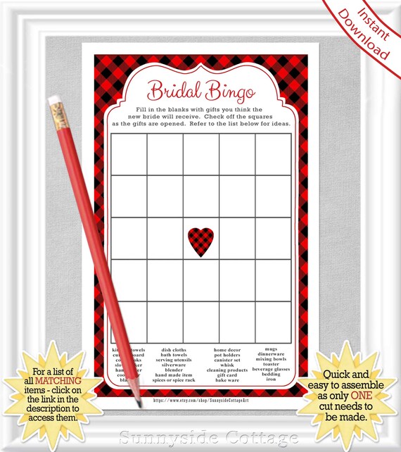 BRIDAL BINGO game with a red buffalo check theme Instant | Etsy