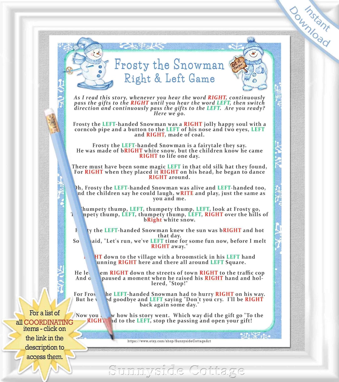 RIGHT and LEFT Story/game, Frosty the Snowman Winter or Christmas Party ...