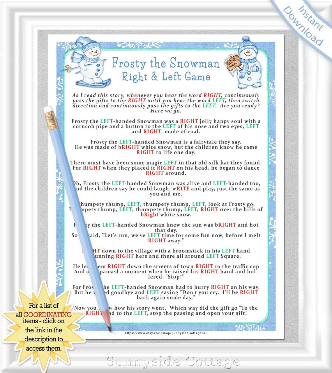 RIGHT and LEFT Story/game, Frosty the Snowman Winter or Christmas Party ...