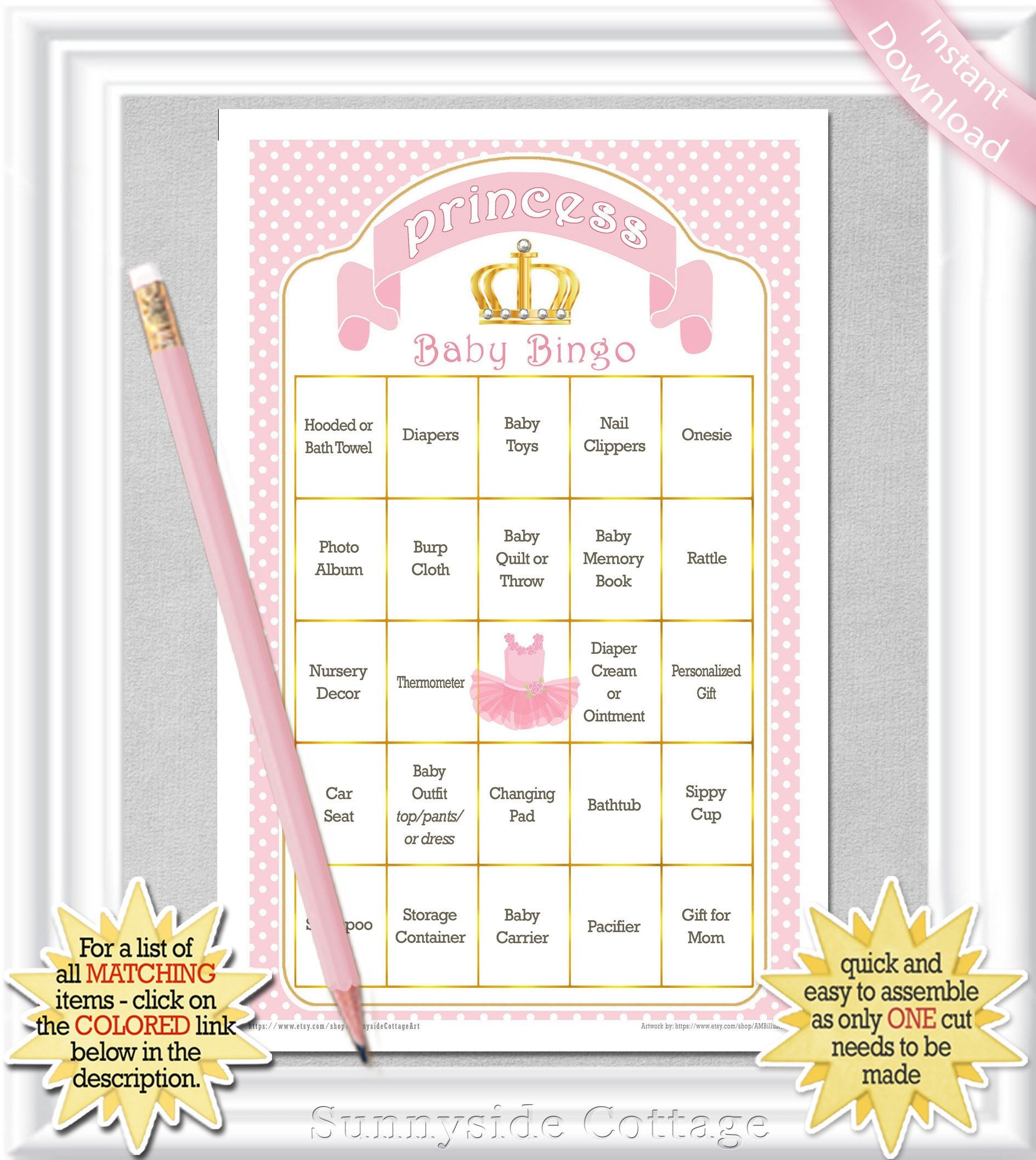 36 card princess BABY BINGO game Baby Shower game in pinks | Etsy