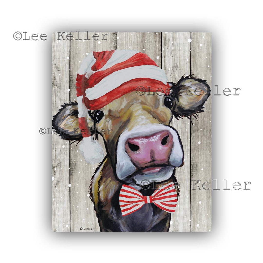 Christmas Cow Art Print Cow Holiday Canvas Art cow Christmas Art Cow ...