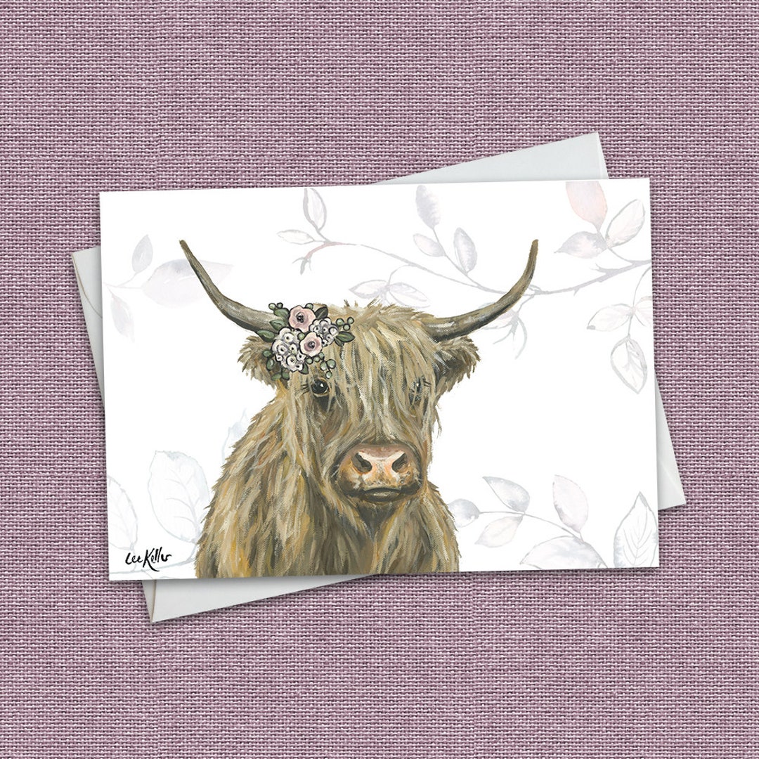 Boho Highland Cow Card 'fern', 5x7" Highland Cow Greeting Card, Cows ...