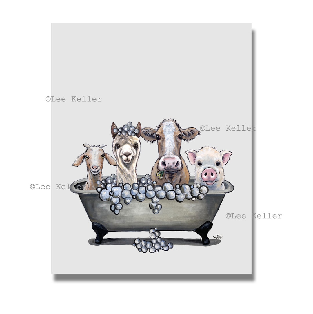 Farm Animal Bathroom Decor - Farmhouse Cow Goat Pig Alpaca in Tub Art ...