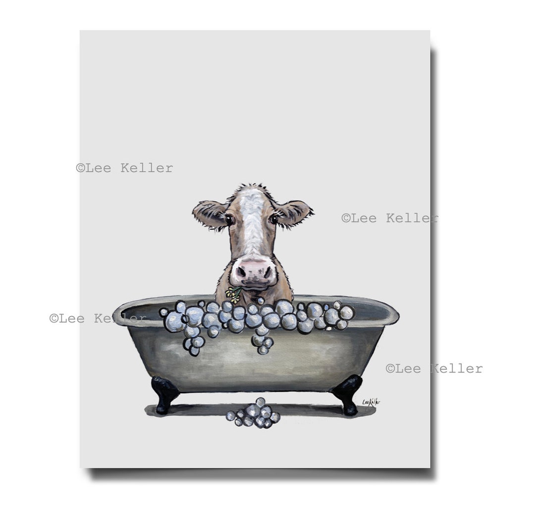 Farmhouse Cow Bathroom Art - Cow in Tub Art - Animals in Bathtubs Art ...