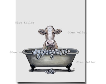 Cow in a Bathtub, Cow Taking a Bath, Bathroom Art, Cow Bathing, Whimsy ...