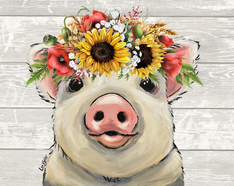 Pig Art Sunflower Pig Decor. Cute Pig With Flowers Print. - Etsy